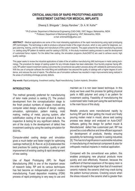 Pdf Critical Analysis Of Rapid Prototyping Assisted Investment Casting For Medical Implants