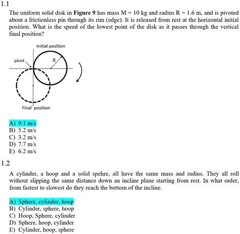 11 the uniform solid disk in figure 9 has mass m 10 kg and radius r 16