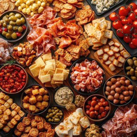 Assortment Of Appetizers Background Top View Filling The Entire Image