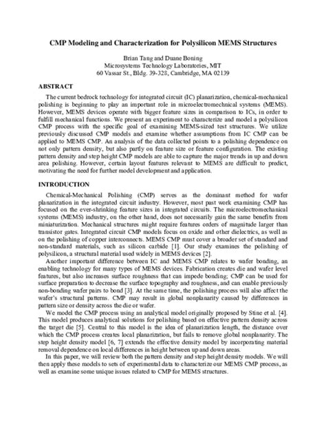 Pdf Cmp Modeling And Characterization For Polysilicon Mems Structures