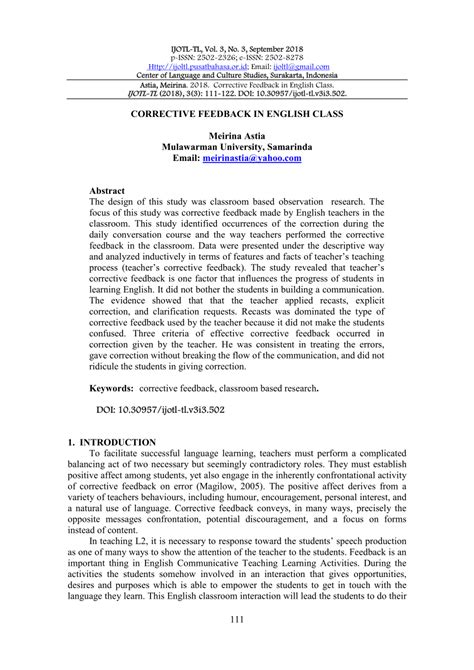 Pdf Corrective Feedback In English Class
