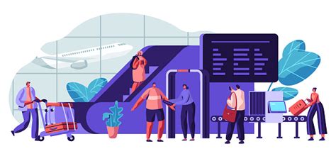 공항 보안 경찰 부서 보호 승객을 위한 금속 탐지기 또는 밀리미터 파 스캐너에 의해 여행자를 스크리닝 문자 전송 수하물 확인