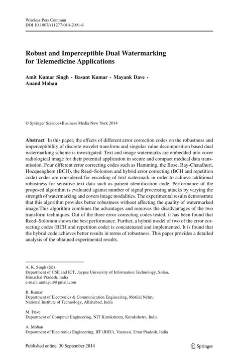 Pdf Robust And Imperceptible Dual Watermarking For Telemedicine Applications