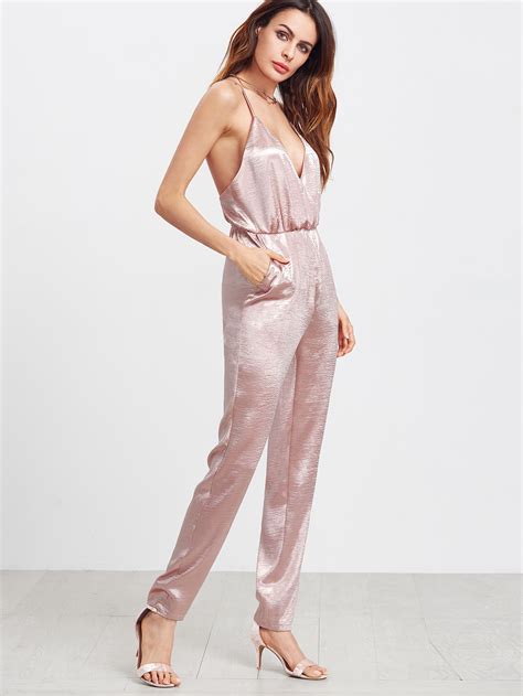 Metallic Pink Surplice Front Cami Jumpsuit With Neck Tie SheIn Sheinside