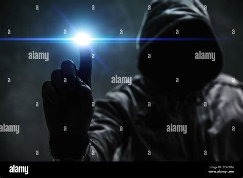 Computer Hacker In Hoodie Using Virtual Screen Database Hacking