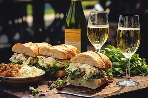 Premium Photo A Brunch Spread Featuring Chicken Salad Sandwiches Alongside Mimosas