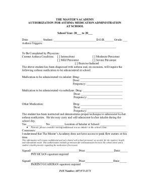 Fillable Online Asthma Medication Authorization Form The Master S