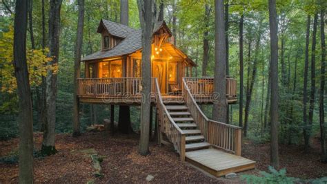 A Rustic Wooden Treehouse With A Staircase Leading Up To It In A Forest