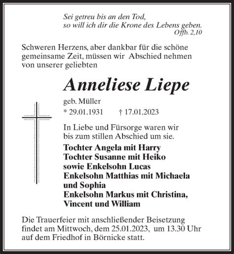 Traueranzeigen Von Anneliese Liepe Trauer Anzeigen De
