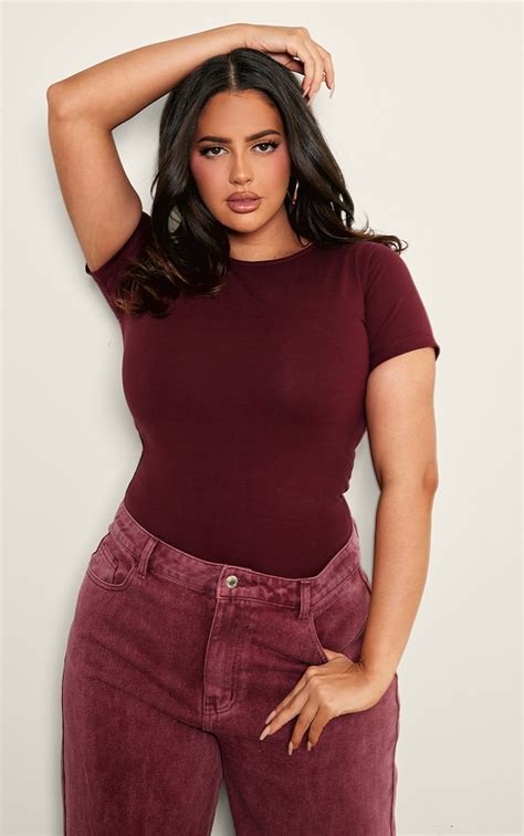Plus Burgundy Cotton Cap Sleeve Fitted Bodysuit Plus Size