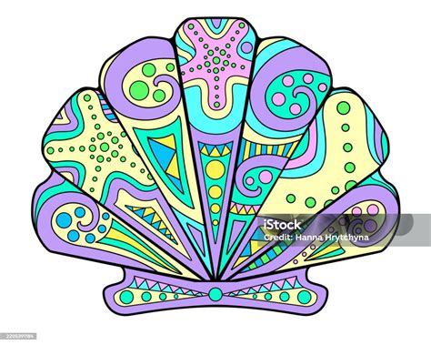 Scallop Shell Vector Linear Full Color Zentangle Illustration With Sea Animal Mollusk Living In