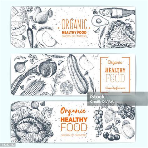 Set Spanduk Horizontal Makanan Sehat Sayuran Buahbuahan Daging Ikan