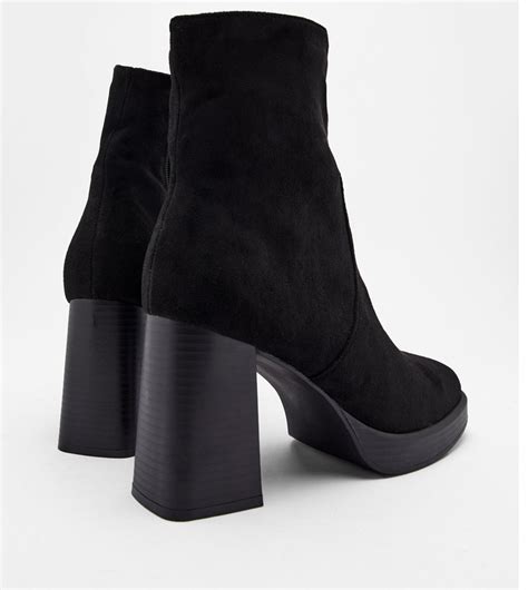 Buy Warehouse Faux Suede Square Toe Platform Ankle Boots In Black