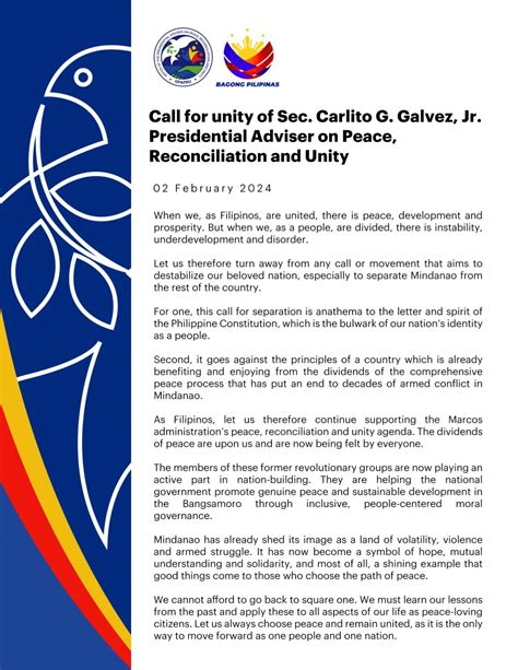 Call For Unity Of Sec Carlito G Galvez Jr Presidential Adviser On Peace Reconciliation And