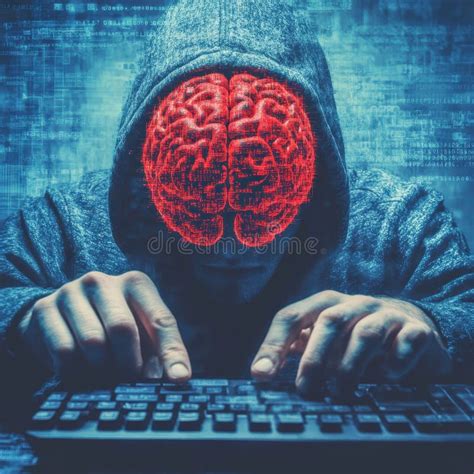 Hacker In Hoodie With Illuminated Brain Concept And Keyboard Stock Image Image Of Criminal