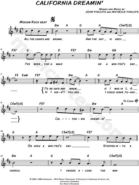 The Mamas The Papas California Dreamin Sheet Music Leadsheet In B Minor Transposable