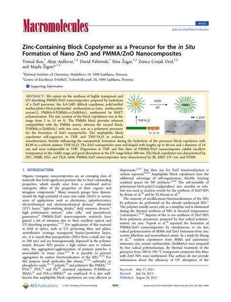 Pdf Zinc Containing Block Copolymer As A Precursor For The In Situ Formation Of Nano Zno And