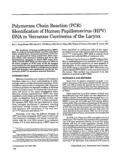 Pdf Polymerase Chain Reaction Pcr Identification Of Human Papillomavirus Hpv Dna In