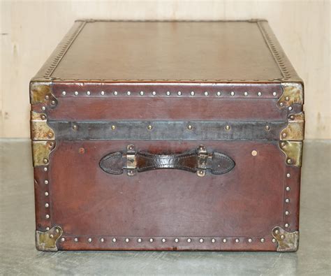 Antique Brown Leather Steamer Trunk Coffee Table With Removable