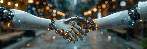 Two Robotic Hands Shaking Each Other Against A City Background 43378540