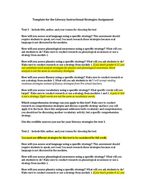 template for the literacy instructional strategies assignment pdf