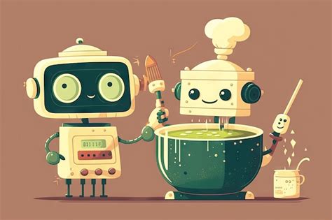 Cute Robot Assistant Helping Person With Cooking Stirring Ingredients And Setting Timer
