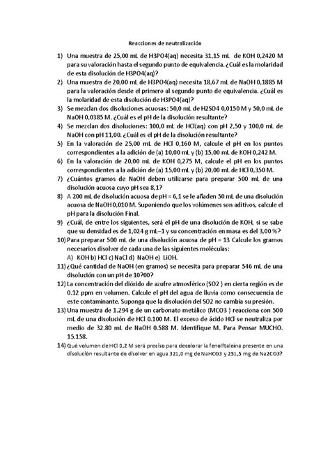 Ejercicios Acido Base Reacciones De Neutralización Una Muestra De 25