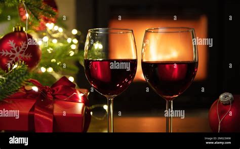 Christmas Celebration Two Red Wine Glasses Xmas Presents And