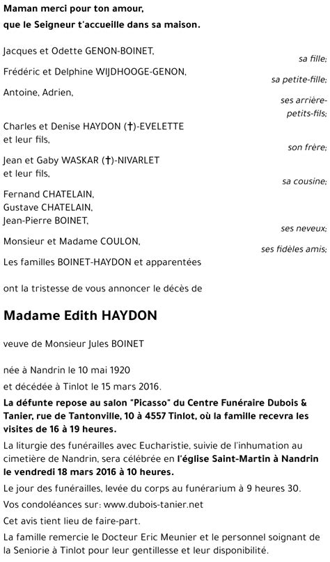 Avis De Décès De Edith Haydon Décédé Le 15 03 2016 à Tinlot Annonce Condoléances Fleurs Etc