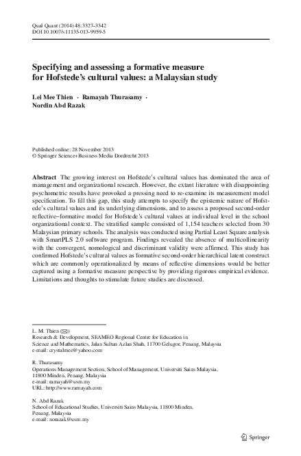 Pdf Specifying And Assessing A Formative Measure For Hofstedes Cultural Values A Malaysian