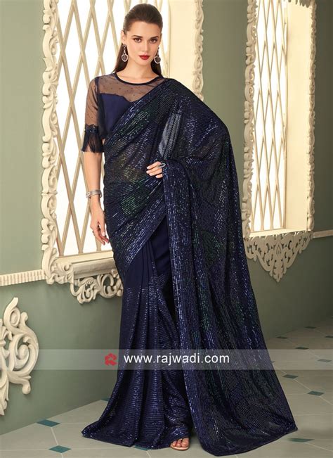 Navy Blue Georgette Sequins Wedding Saree