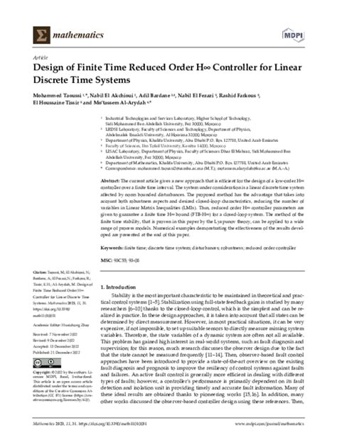 Pdf Design Of Finite Time Reduced Order H∞ Controller For Linear Discrete Time Systems Al