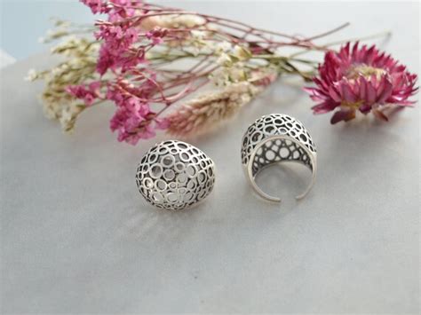 Bohemian Antique Silver Hollow Circles Dome Ring Sad Gem