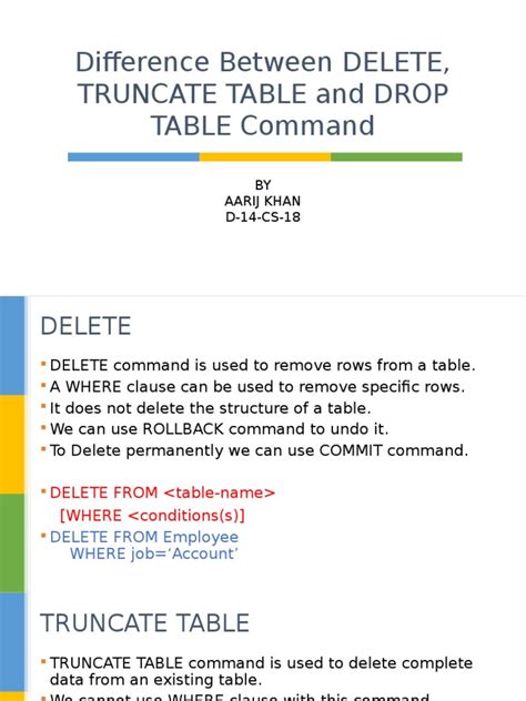 Difference Between Delete Truncate Table And Drop Pdf Computers