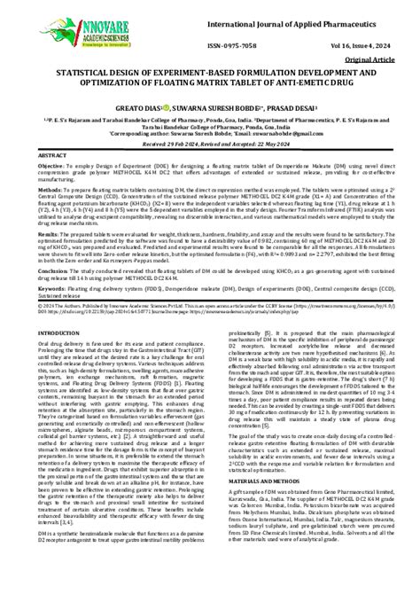 Pdf Statistical Design Of Experiment Based Formulation Development And Optimization Of