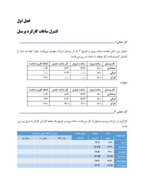 حل المسایل حسابداری حقوق و دستمزد یازدهم پودمان 1 کنترل ساعت کارکرد