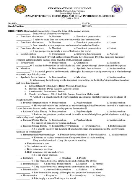 Understanding Social Institutions An Analysis Of A Summative Test On