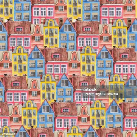 완벽 한 수채화 패턴입니다 분홍색 노란색 파란색의 네덜란드 오래된 집들은 수채화로 손으로 그렸습니다 직물 종이에 인쇄를 위해 적당한 Scrapbooking와 포장지를 위해