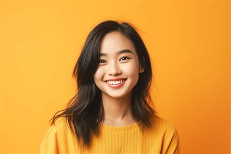 A Young Woman With A Yellow Sweater Smiles In Front Of A Yellow
