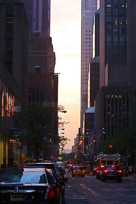 New York City Street At Sunset Editorial Stock Image Image Of
