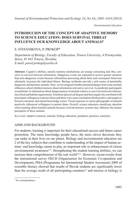 Pdf Introducing The Concept Of Adaptive Memory To Science Education Does Survival Threat