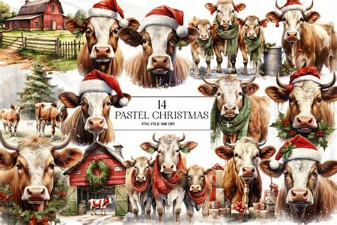 Vintage Christmas Cows Clipart Bundle Graphic By Ak Artwork · Creative