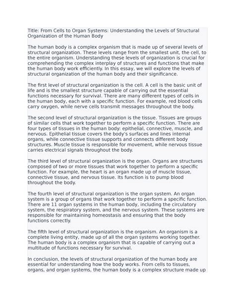 From Cells To Organ Systems Understanding The Levels Of Structural Organization Of The Human