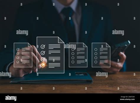 Document Management Concept Businessman Check Electronic Documents Survey Filling Out Digital