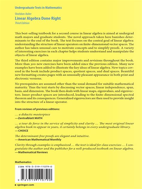 Linear Algebra Done Right Sheldon Axler Pdf Linear Algebra