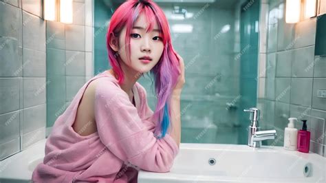 Premium Photo Cute Asian Girl In The Bathroom Background