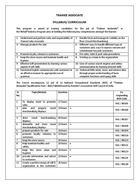 Trainee Associate Retail Curriculum Pdf Career And Growth Business