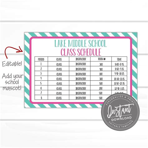 EDITABLE Class Schedule Printable Aqua Stripe Back To School High
