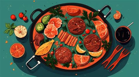 Festive Bbq Flat Design Top View Summer Cookout Theme Cartoon Drawing
