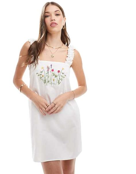 Asos Design Robe En Popeline à Mancherons Et Broderies Blanc Asos